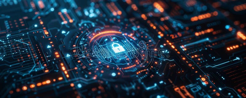 High-tech Cyber Security Theme with a Holographic Lock, Network Nodes ...