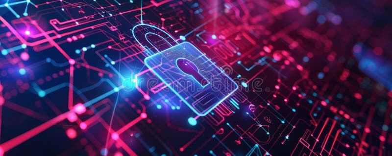 High-tech Cyber Security Theme with a Holographic Lock, Network Nodes ...