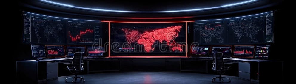 HighTech Cybersecurity Command Center with Digital Displays and Global ...