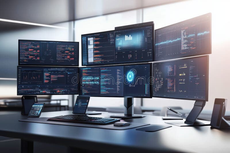 Modern Tech Office Multiple Monitors Displaying Data Analytics Code