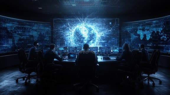 High-tech Cybersecurity Command Center Team Collaboration and Digital Data Analysis in a ...