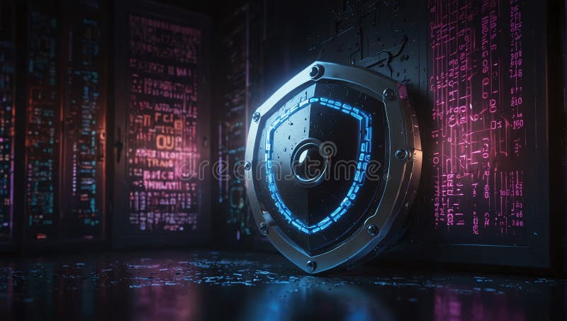 High-Tech Cybersecurity Shield with Neon Blue Light and Digital ...
