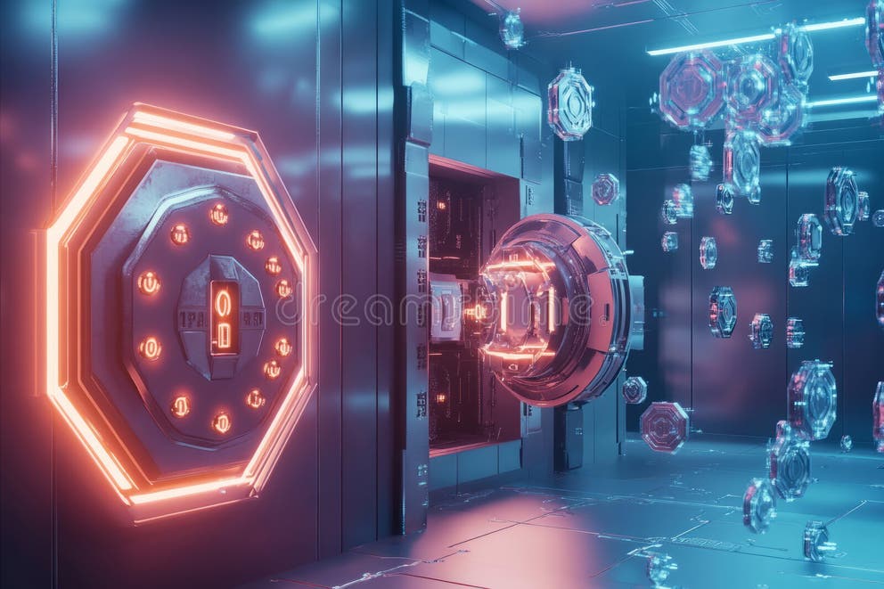 A High-tech Cybersecurity Vault with Massive Glowing Hexagonal Locks ...