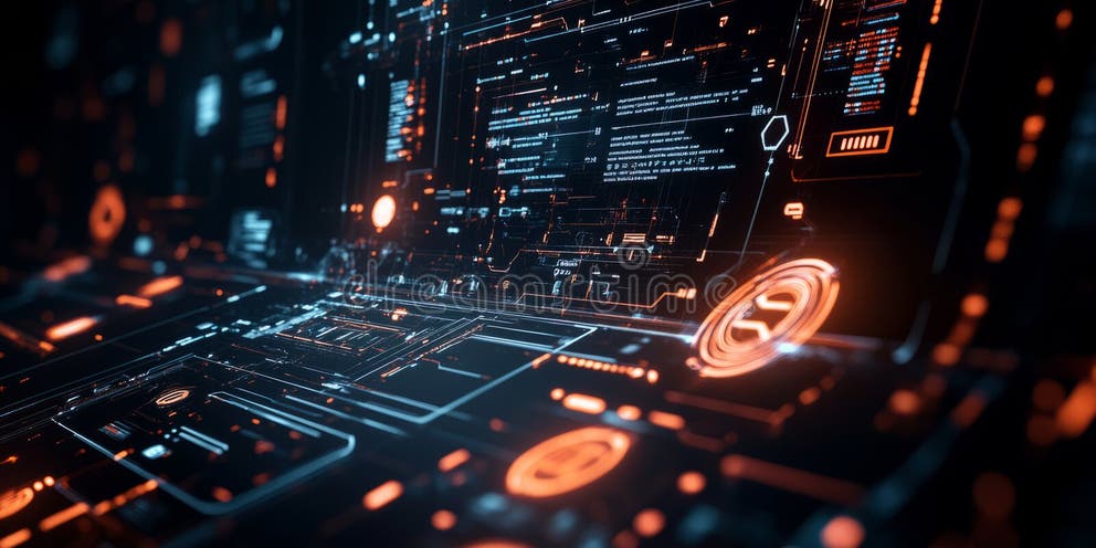 A High-tech 3D Background Displaying a Digital Interface with Rotating Holograms, Floating Stock ...