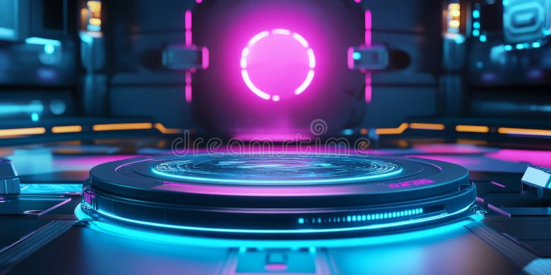 A High-tech 3D Background Featuring a Floating Podium with Digital LED ...