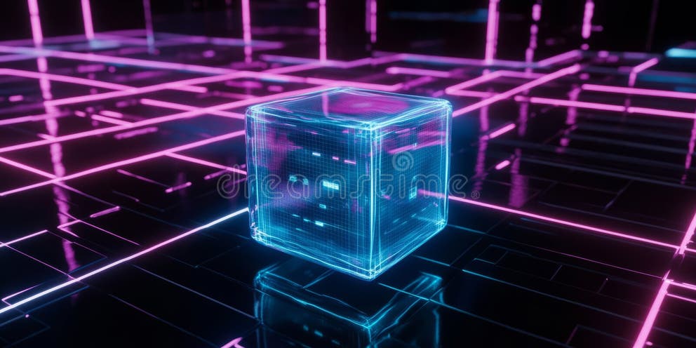 A High-tech 3D Background Featuring a Transparent Data Cube Floating ...