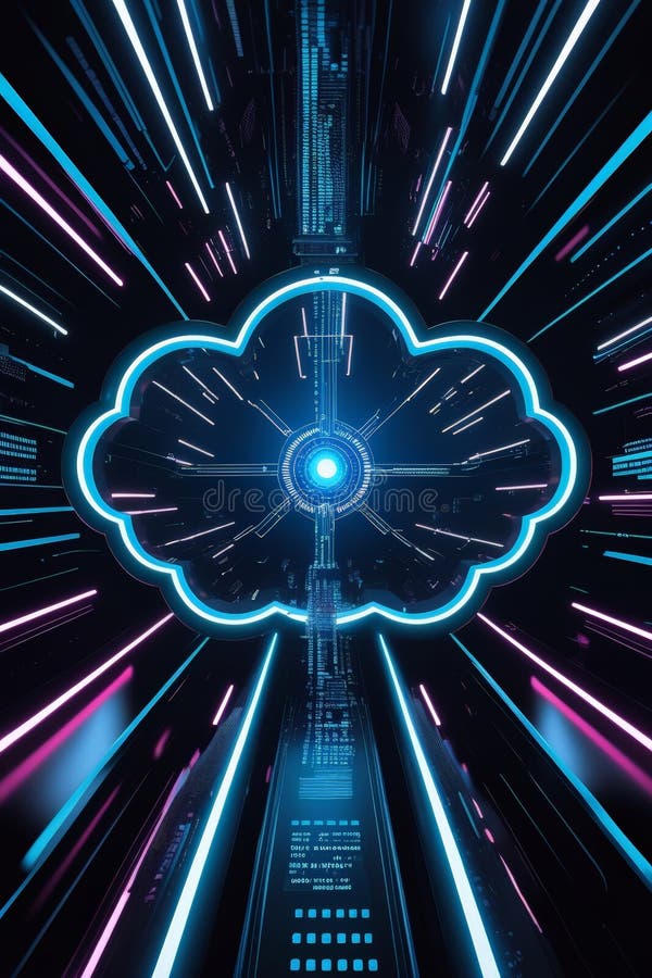 High-tech 3D Cloud Computing Concept with Bright Neon Circuits and Glowing Digital Data Streams ...
