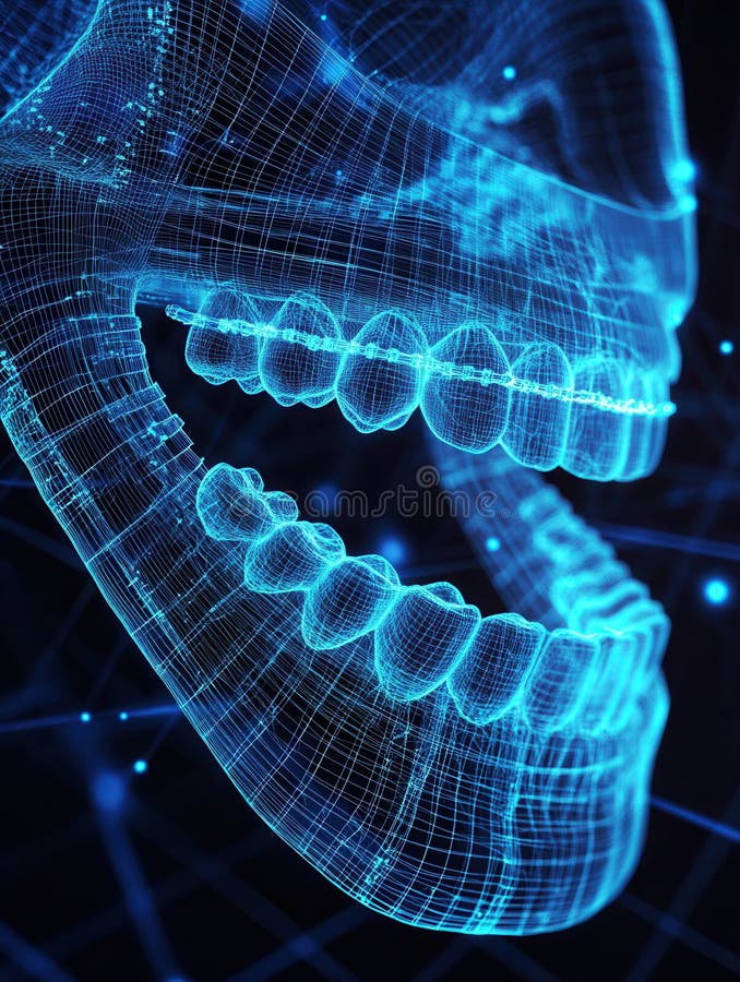 High-tech 3D Dental Arch Model with Braces Showcasing Glowing Wireframe ...