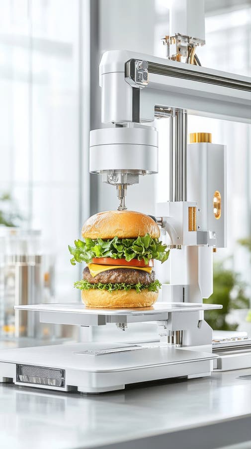High-tech 3D Food Printer Assembling Gourmet Burger in Modern Kitchen ...