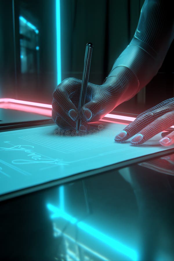 High-Tech 3D Visualization of Futuristic Digital Contract Signing in Neon-Lit Virtual Office ...