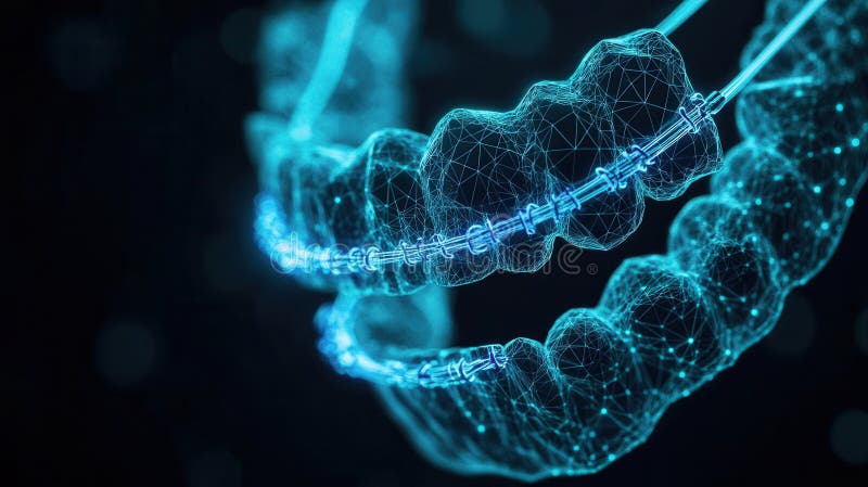 High-tech 3D Wireframe Model of a Dental Arch with Braces in Glowing ...