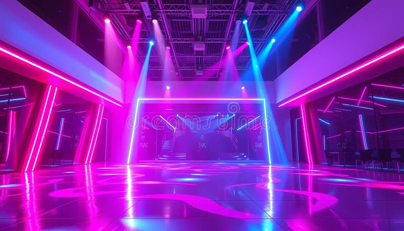 High-Tech Dance Floor Neon Pink Blue Light Rods, Reflective Surfaces ...
