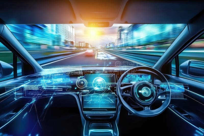 High-tech Dashboard Displays Driving Experience in City at Sunset Stock ...