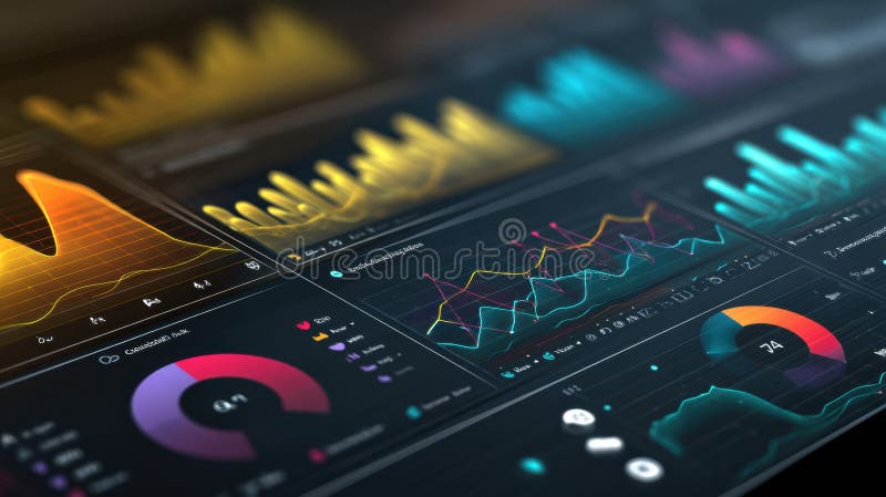 High-tech Dashboard Showcasing Futuristic Data Visualizations with Vibrant Charts and Soft Blur ...
