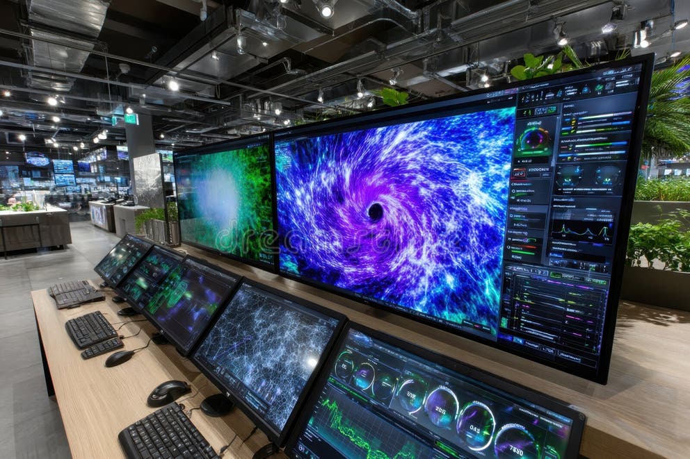High-tech Data Center with Advanced Monitors Displaying Dynamic Visualizations of Data Stock ...
