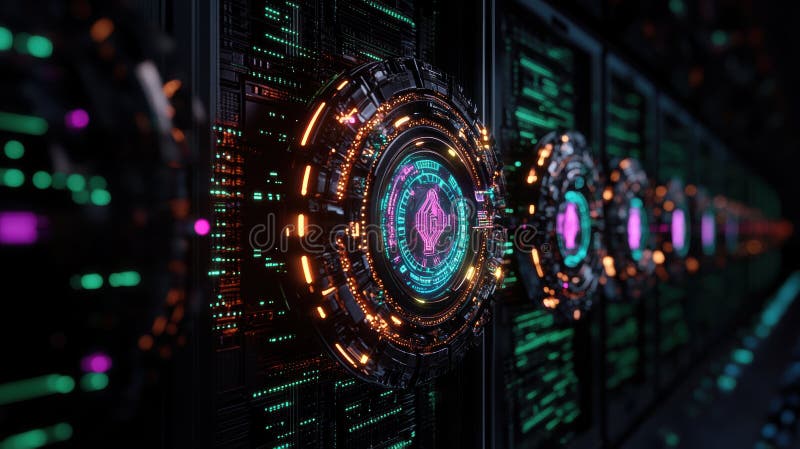 High-tech Data Center with Advanced Servers Featuring Glowing Neon ...