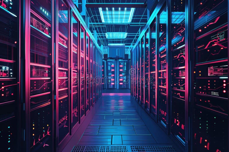 High-tech Data Center for AI Training with Rows of Server Racks Storing ...