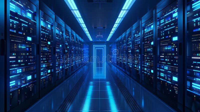 High-Tech Data Center with Blue Neon Lights, Generative AI Stock Image ...