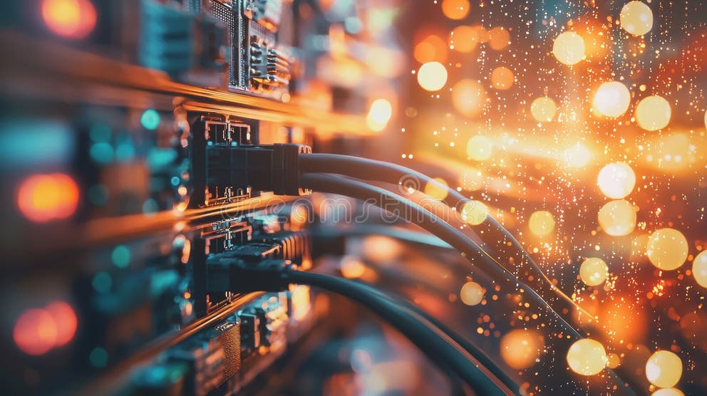 High-tech Data Center Cables with Glowing Indicators Connected To a ...