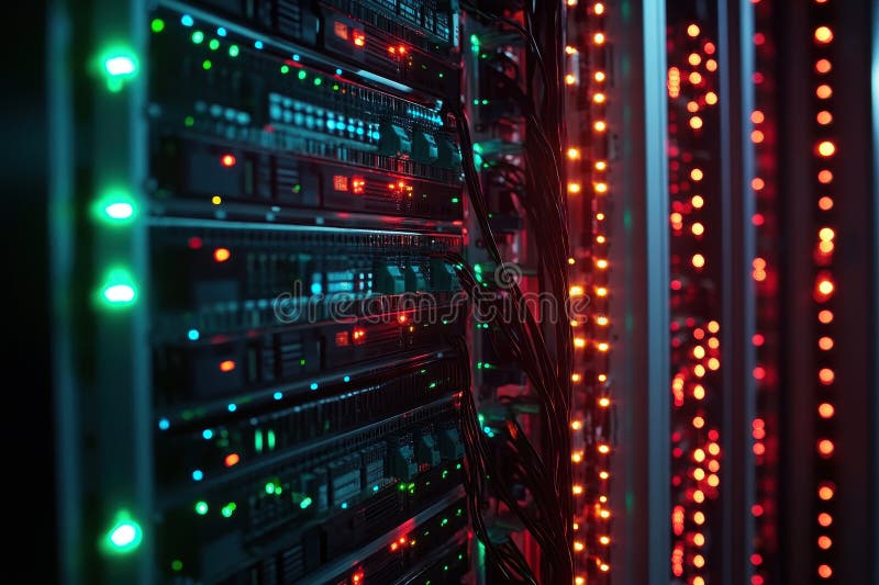 High-Tech Data Center with Colorful Lights on Server Racks and Network ...