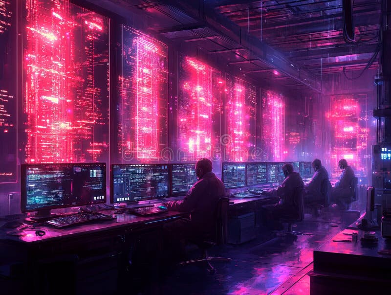 A High-tech Data Center or Command Room, Bustling with Three Engrossed ...