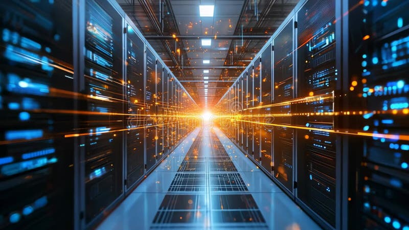 High-tech Data Center Corridor with Glowing LED Lights, Futuristic ...