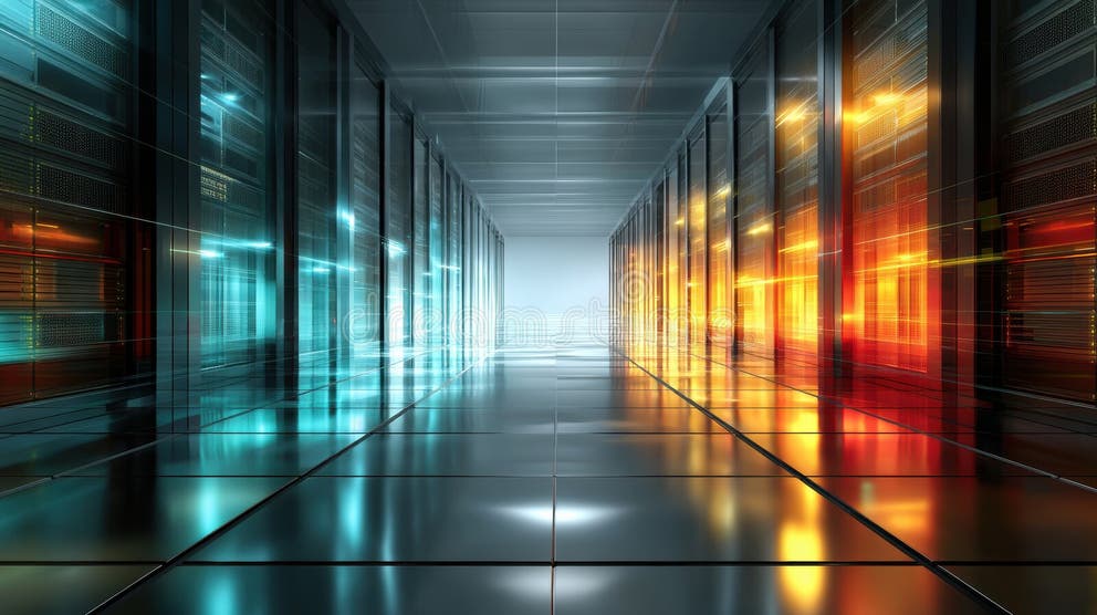 High-tech Data Center Corridor with Reflective Floors and Glowing ...