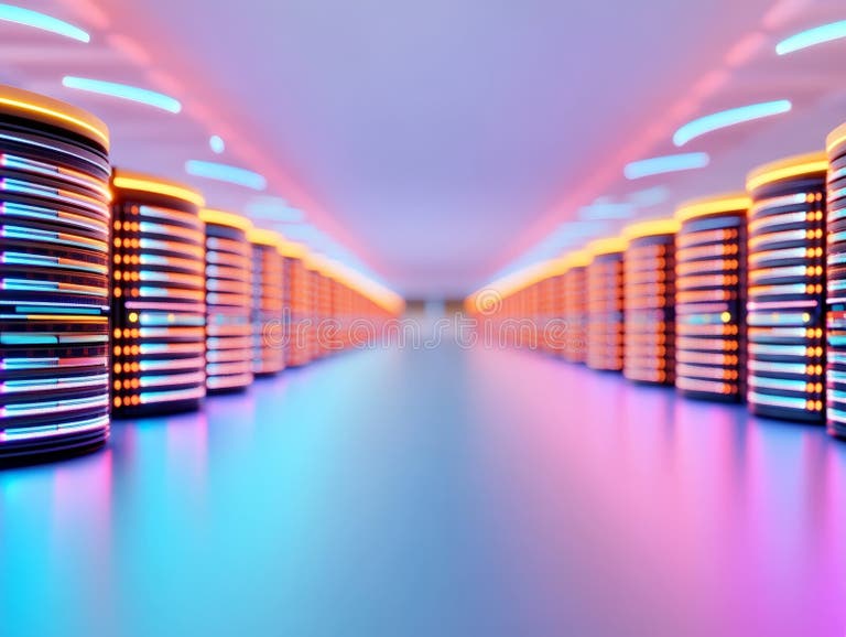 High Tech Data Center Corridor with Vibrant Lighting Highlighting Modern Server Racks and ...