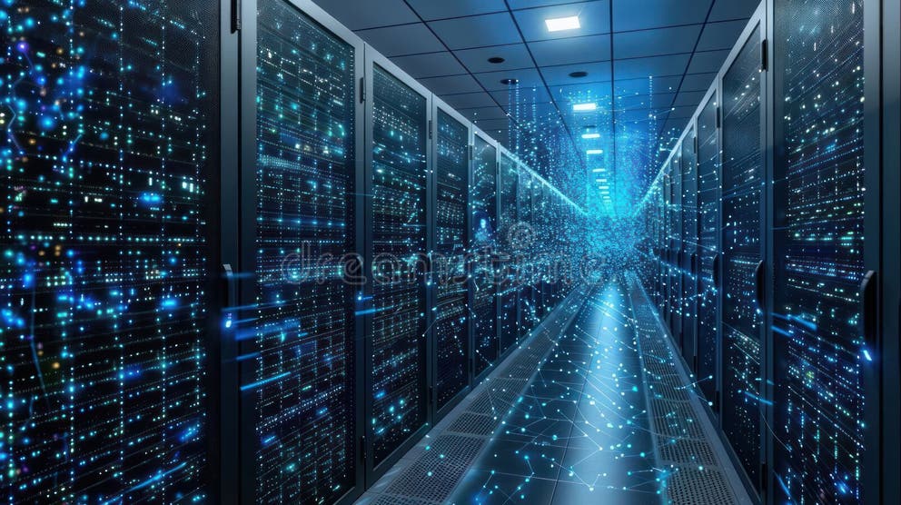 High-Tech Data Center with Endless Server Racks and Blue LED Lighting ...