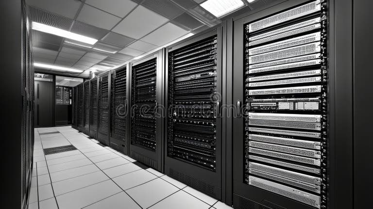 A High-tech Data Center Equipped with Illuminated Server Racks and a ...