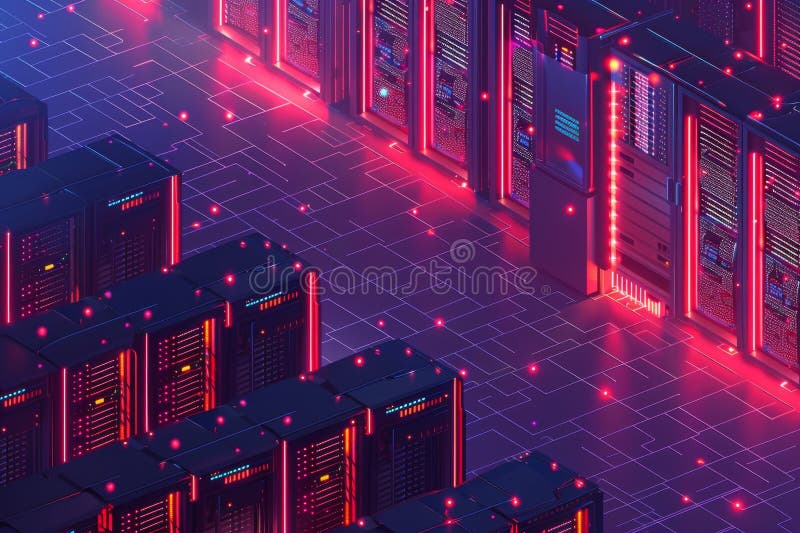 A High-tech Data Center Features Glowing Server Racks and Vibrant Neon Lights, Creating Stock ...