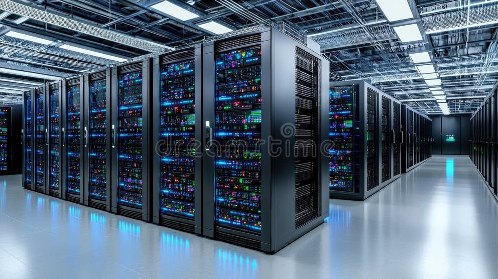 Hightech Data Center Featuring Rows of Powerful Servers Vibrant LED ...