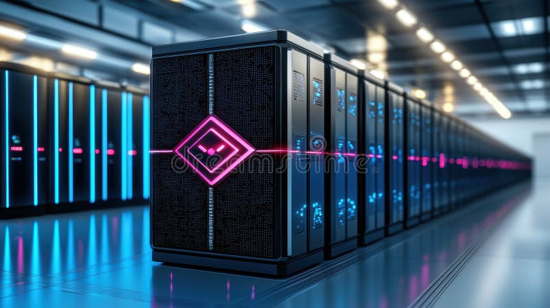 Futuristic Data Center with Neon Lights and Servers Stock Illustration ...