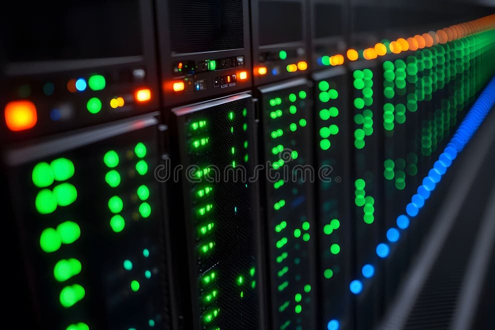 High-Tech Data Center with Server Racks and Glowing LED Indicators for ...