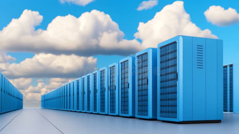 High Tech Data Center Futuristic Blue Server Racks Cloud Computing Symbols Representing Digital ...