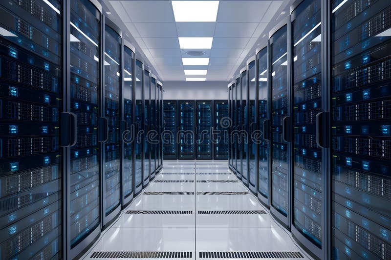 High Tech Data Center with Glass Server Cabinets, Blue Lights ...