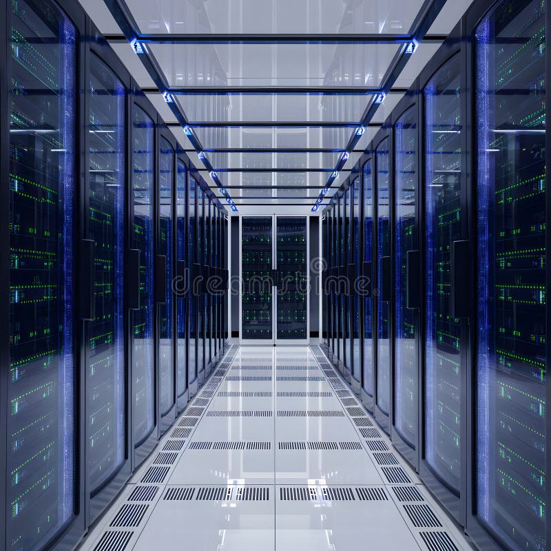 High Tech Data Center with Glass Server Cabinets, Blue Lights ...