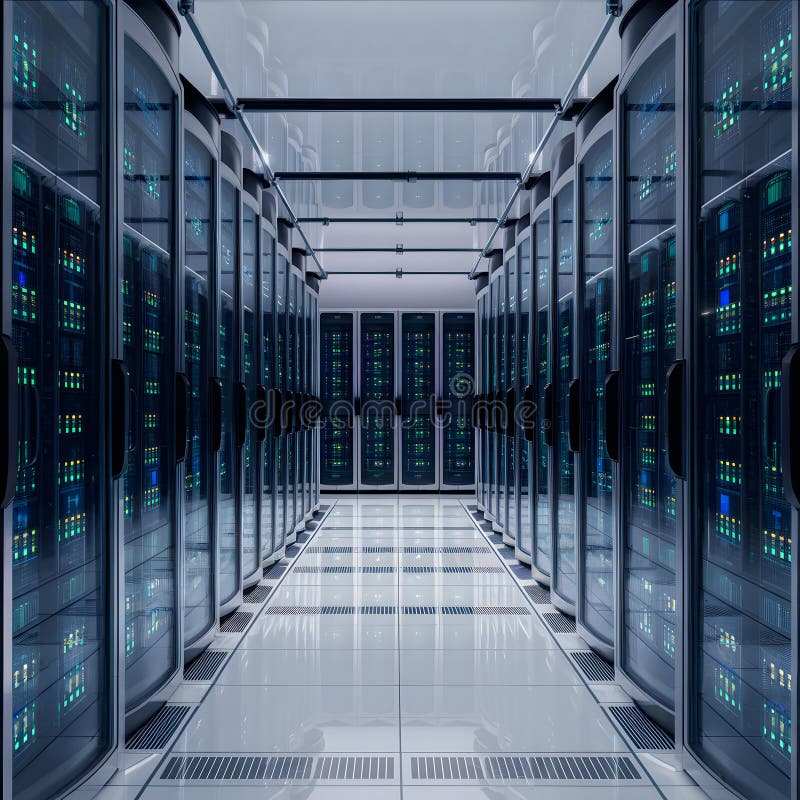 High Tech Data Center with Glass Server Cabinets, Blue Lights ...