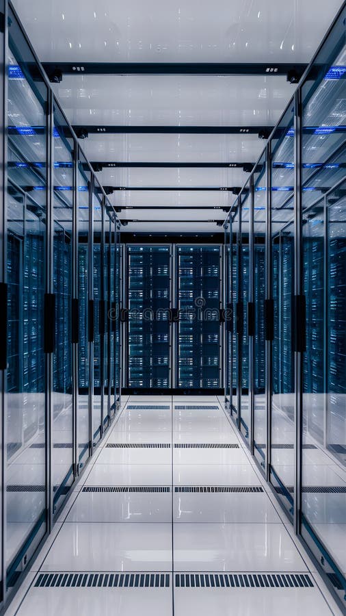High Tech Data Center with Glass Server Cabinets, Blue Lights ...
