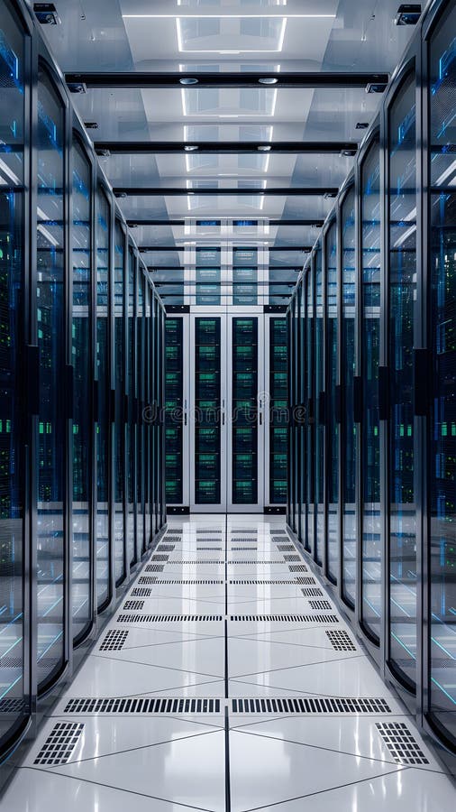 High Tech Data Center with Glass Server Cabinets, Blue Lights ...