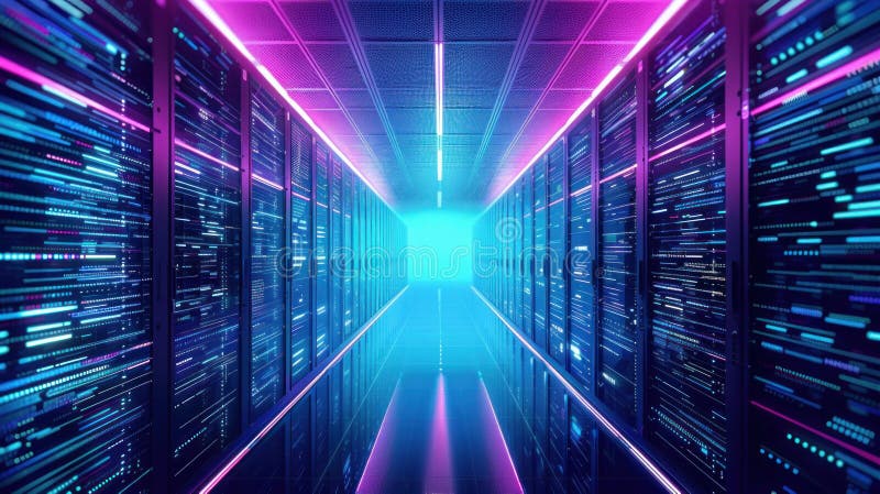 High-tech Data Center with Glowing Blue and Pink Neon Lights and Server ...