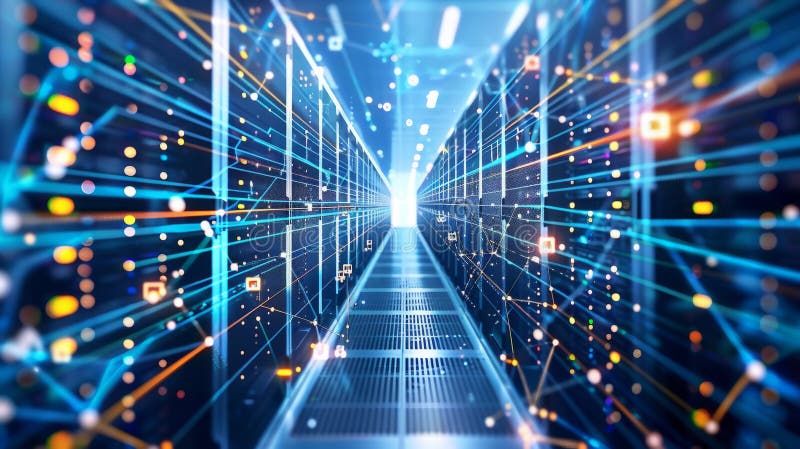 High-Tech Data Center with Glowing Data Streams, Representing Modern ...