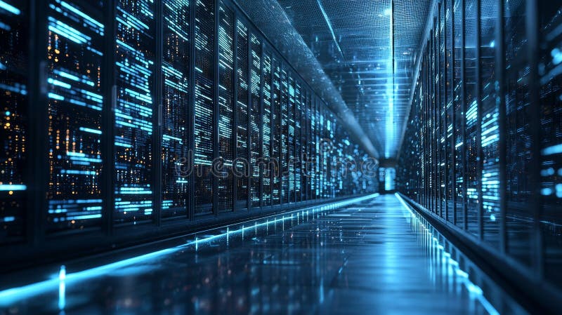 High-tech Data Center with Glowing Server Racks and Digital Connections ...