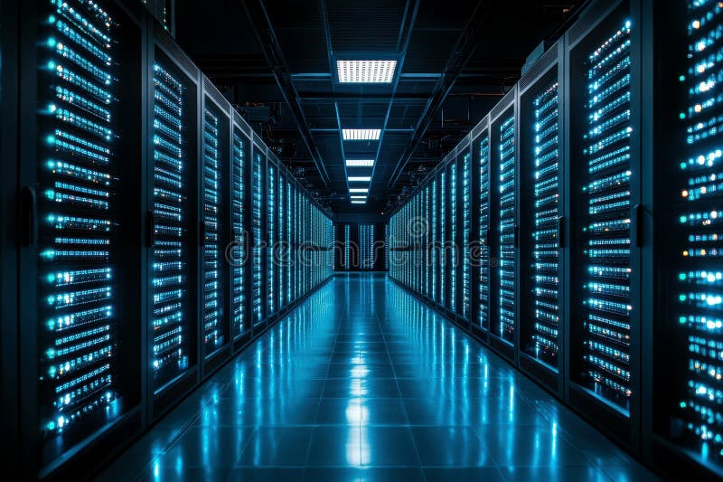 High-tech Data Center Hallway with Blue-lit Server Racks Stock Photo ...