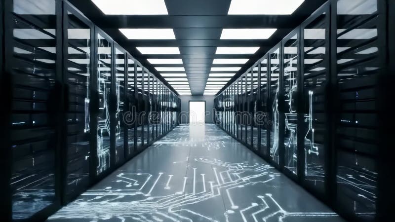 High-Tech Data Center Hallway with Digital Circuit Projections Stock ...