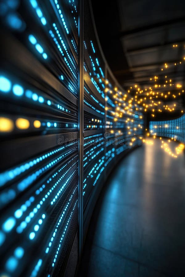 High-tech Data Center with Illuminated Blue and Yellow Led Lights ...