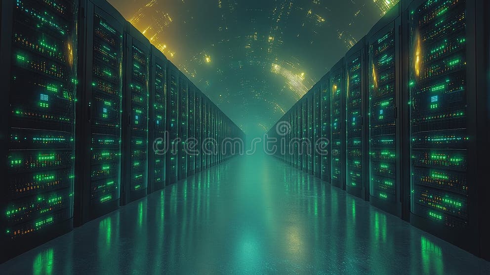 High-tech Data Center with Rows of Servers and Green LED Indicators. AI ...