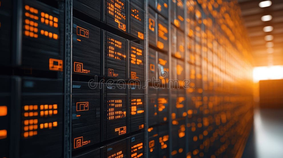 High-Tech Data Center with Illuminated Server Racks and Orange LED ...