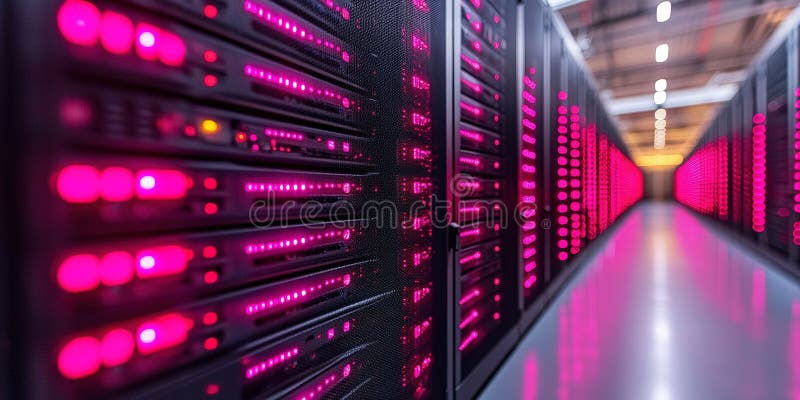 High-tech Data Center with Illuminated Servers in Vibrant Pink Hue ...