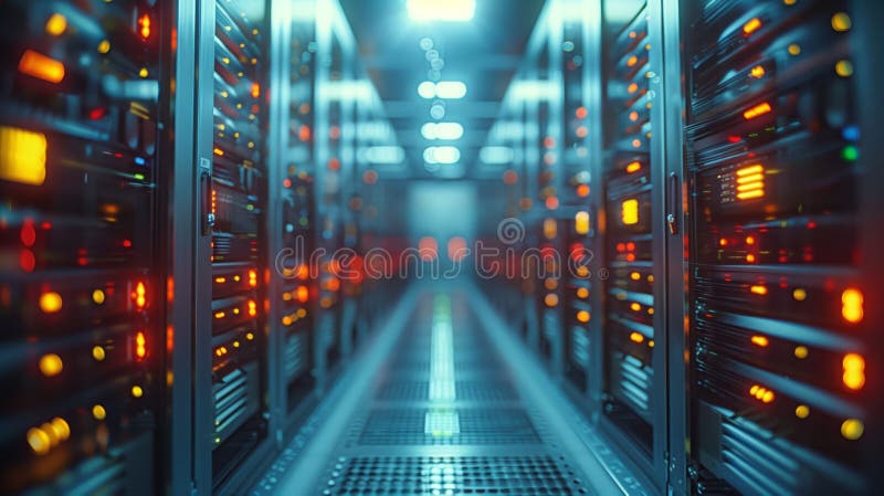 High-Tech Data Center Interior with Illuminated Servers and Rack ...